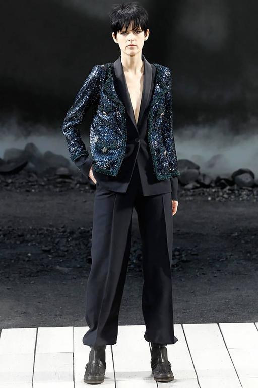 Chanel 11A Teal Lesage Sequin Runway Jacket with Tweed Trim at 1stDibs