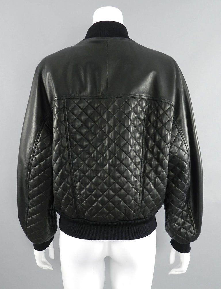 Balmain Black Lambskin Leather Quilted Bomber Jacket at 1stDibs