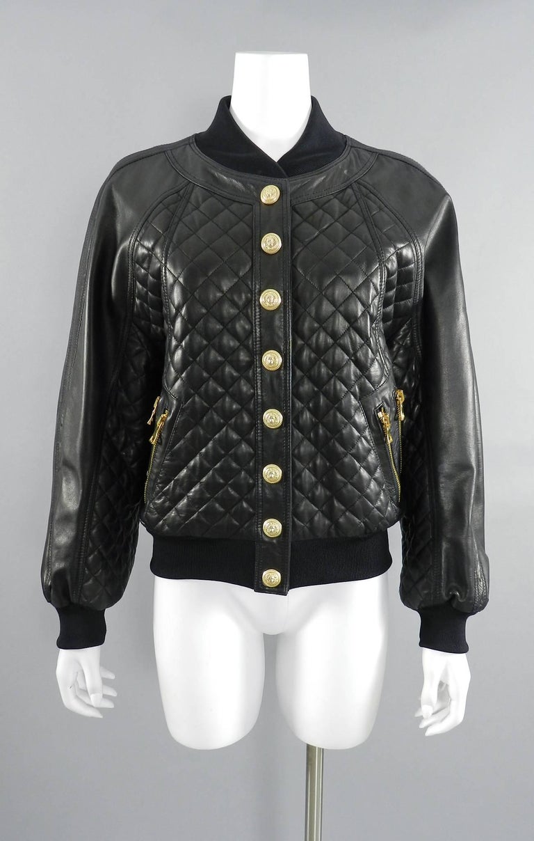 Balmain Black Lambskin Leather Quilted Bomber Jacket at 1stDibs