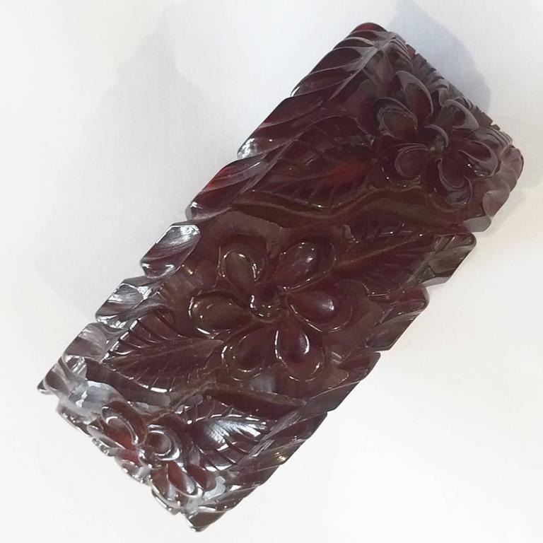 Art Deco Cherry Red carved bakelite Clamper hinged bangle at 1stDibs