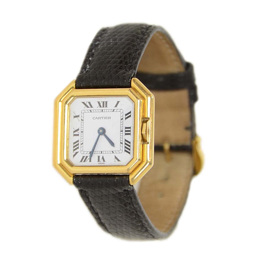 Cartier Gold Octagonal Wristwatch with Black Lizard Strap at 1stDibs