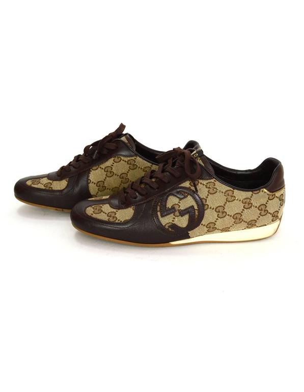 Gucci Brown Leather and Monogram Canvas Plus Sneakers sz 38 For Sale at ...