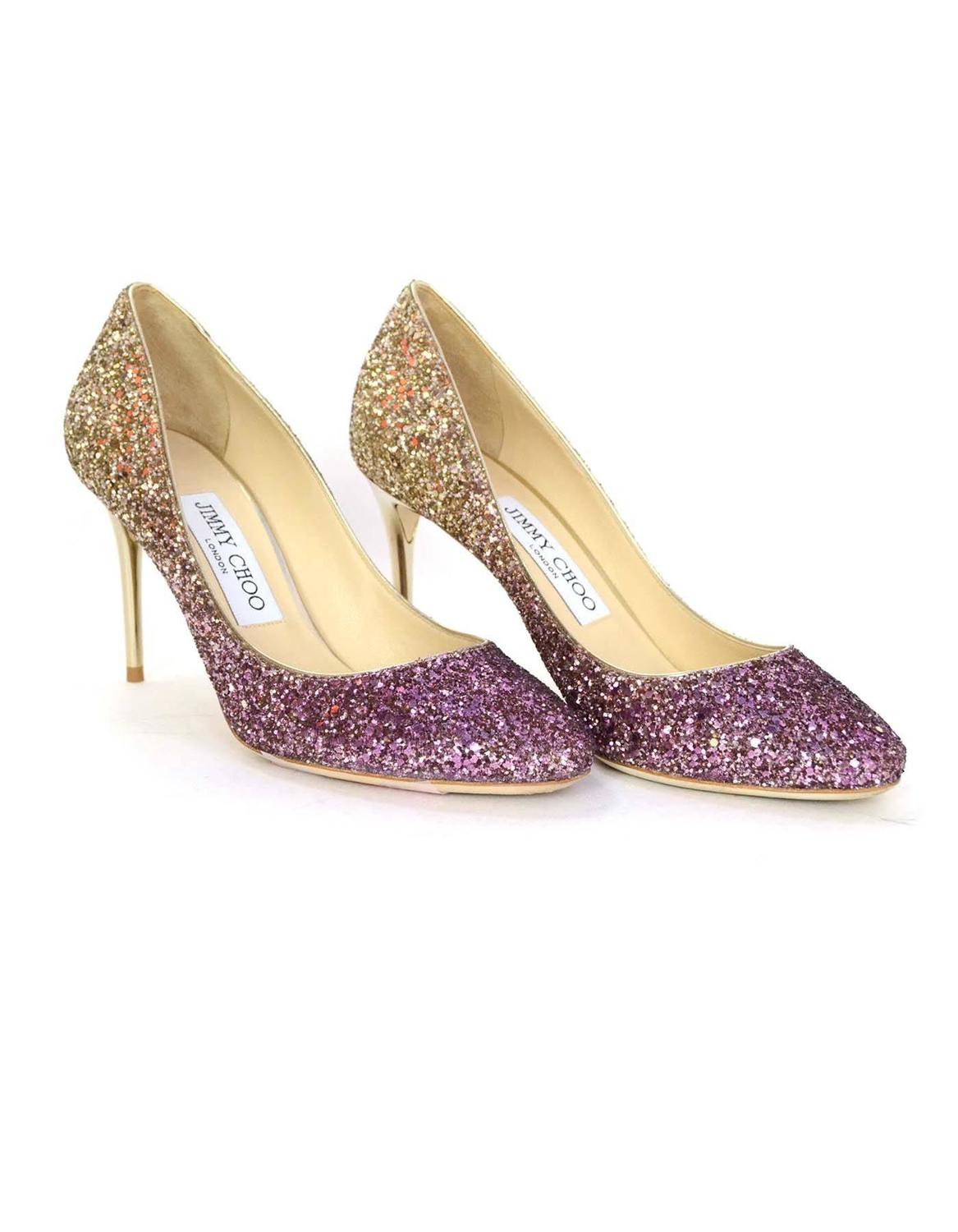 Jimmy Choo Esme Gold and Pink Ombre Glitter Pumps Sz 36 For Sale at 1stdibs