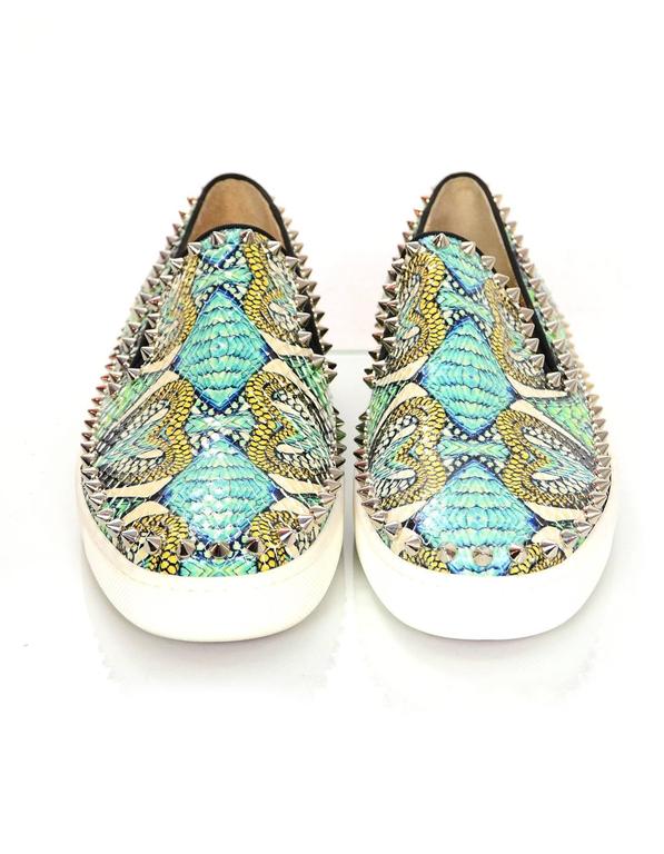 Christian Louboutin Blue and Green Printed Python Stud Sneakers Sz 38 ...