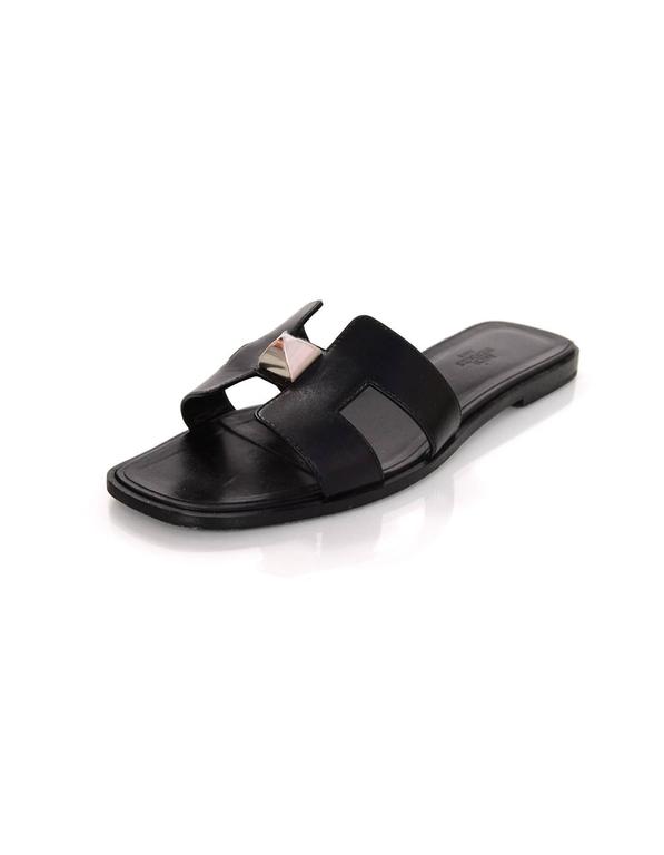 Hermes Black Leather Oran H 2 Clous Pyramides Sandals Sz 39 For Sale at ...