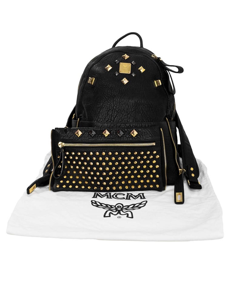 MCM Black and Gold Studded Large Dual Stark Backpack with Dust Bag For ...