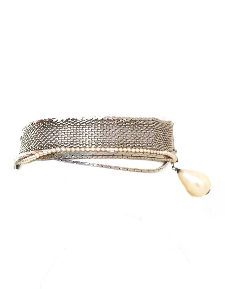 Chanel '90s Silvertone Mesh Choker Necklace w. Pearl Drop For Sale at ...
