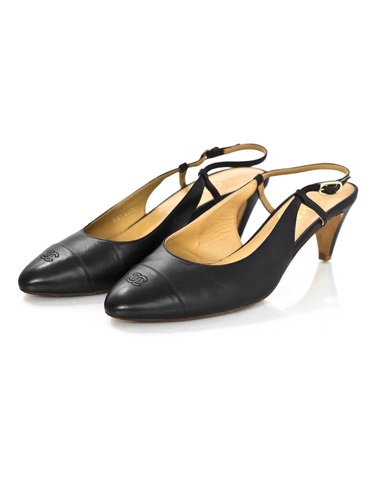 Chanel Black Leather Cap-Toe Slingback Pumps Sz 38.5 with Box For Sale ...