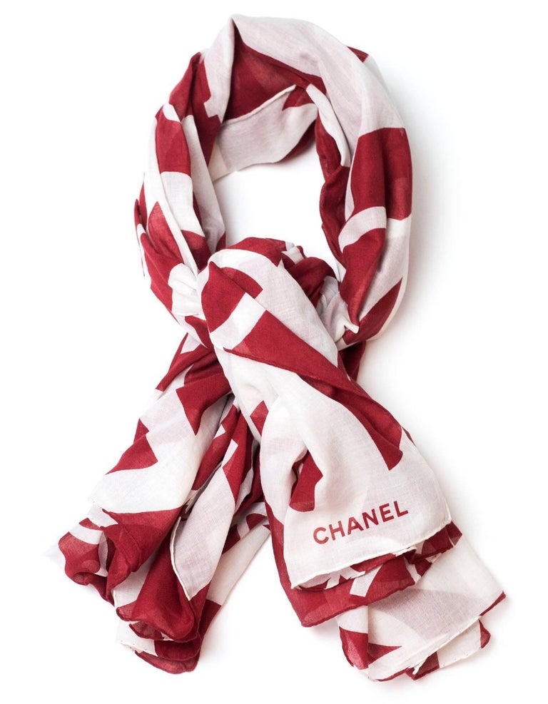 Chanel Red and White Cotton XL CC Shawl Scarf/Wrap For Sale at 1stDibs