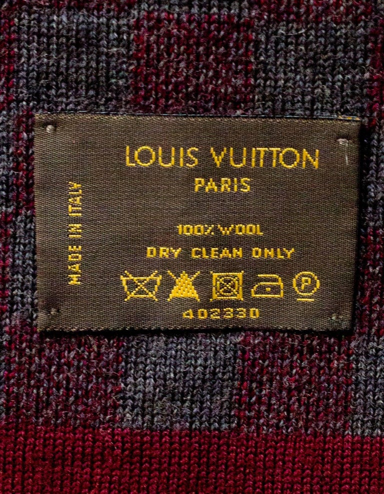 Louis Vuitton Burgundy and Grey Petit Damier Wool Scarf For Sale at 1stDibs