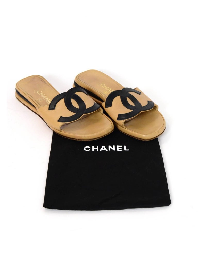 Chanel Beige and Black CC Slides Sz 37.5 with DB For Sale at 1stDibs ...