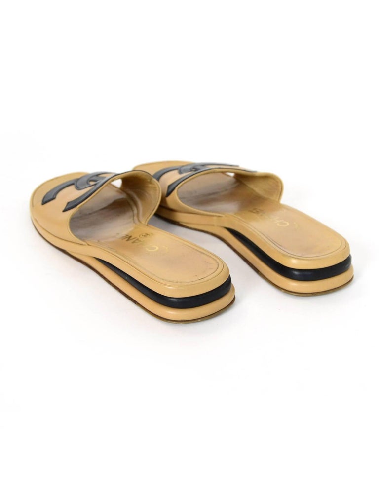 Chanel Beige and Black CC Slides Sz 37.5 with DB For Sale at 1stDibs ...