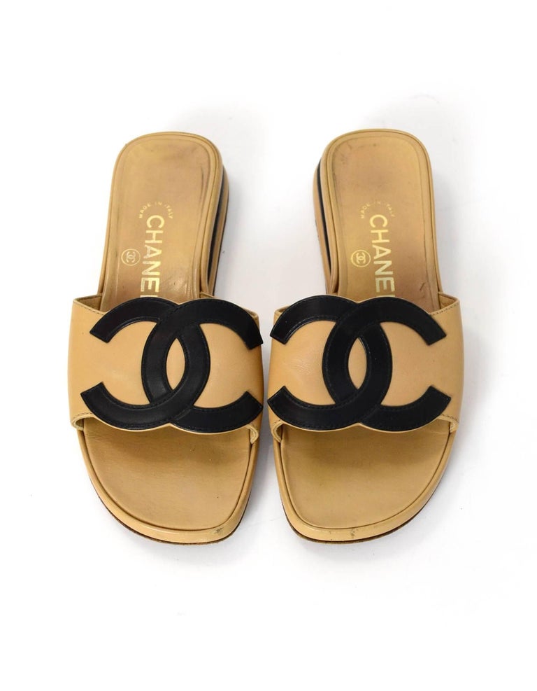 Chanel Beige and Black CC Slides Sz 37.5 with DB For Sale at 1stDibs ...