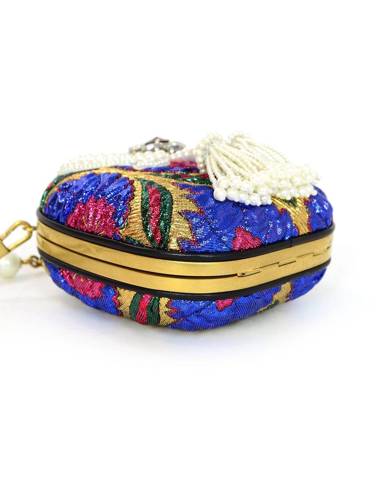 Gucci Brocade Broadway Faux Pearl Embellished Bow Minaudiere Clutch Bag