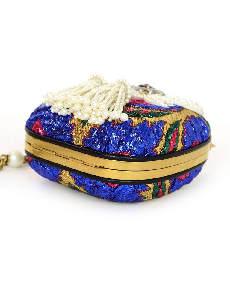 Gucci Brocade Broadway Faux Pearl Embellished Bow Minaudiere Clutch Bag