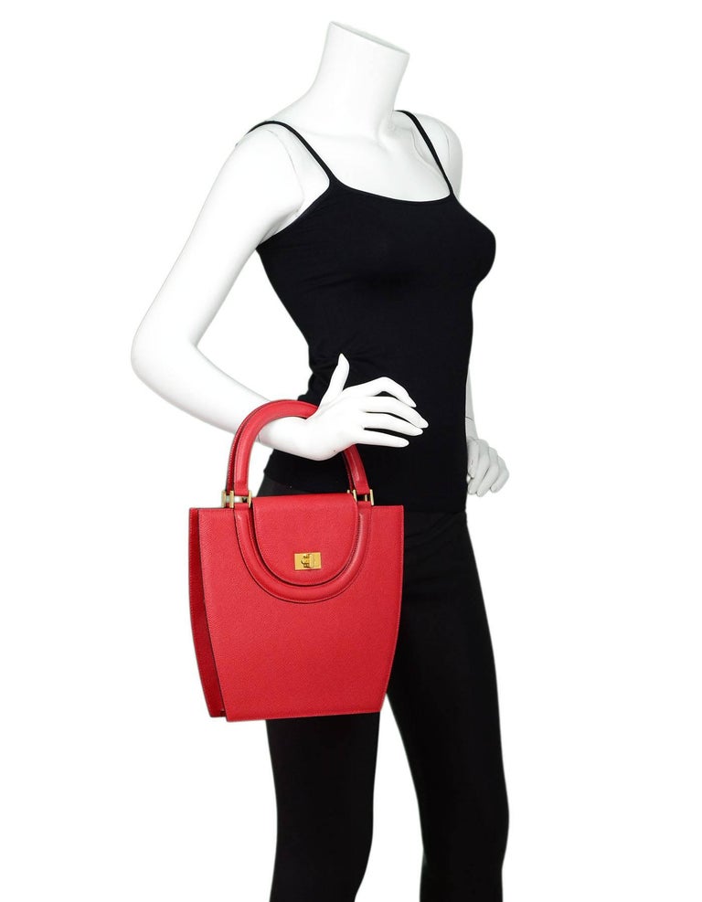 Bally Red Textured Leather Top Handle Structured Bag For Sale at 1stDibs