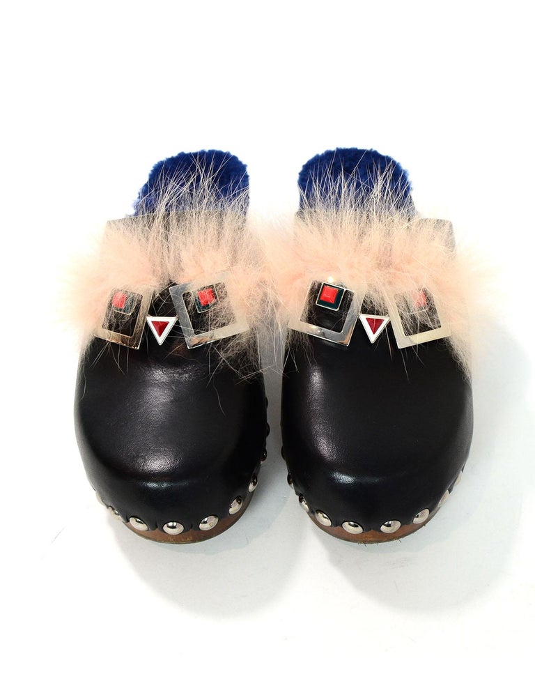 Fendi Black Leather Fox/Shearling Studded Monster Clogs For Sale at ...