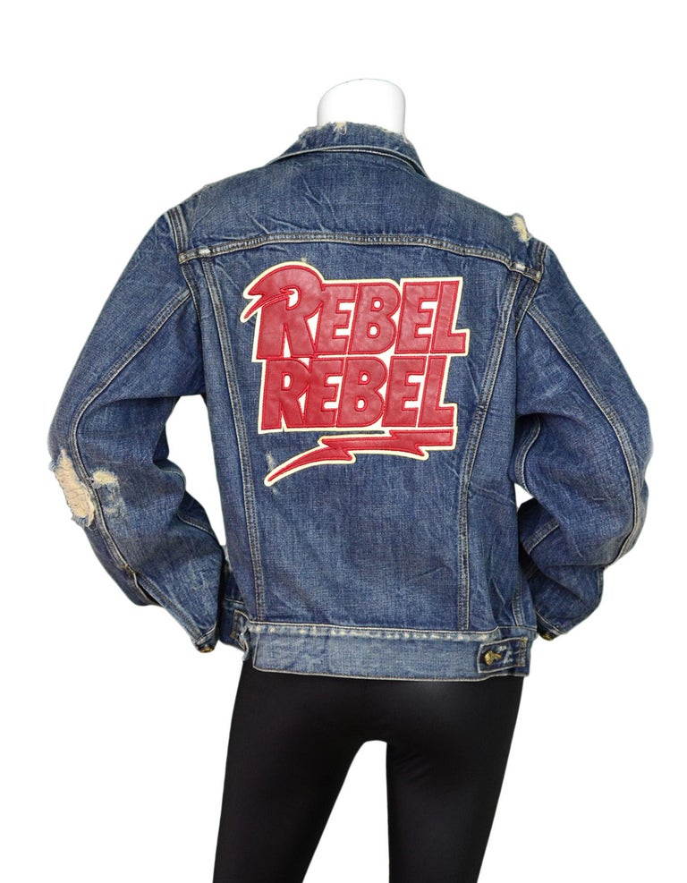 R13 Distressed Denim REBEL REBEL Embroidered Trucker Jean Jacket sz XS ...