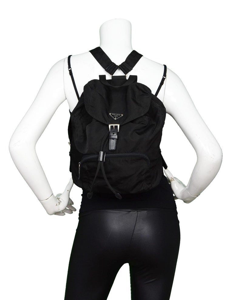 Prada Vintage Black Drawstring Nylon Backpack Bag w/ Front Zipper ...