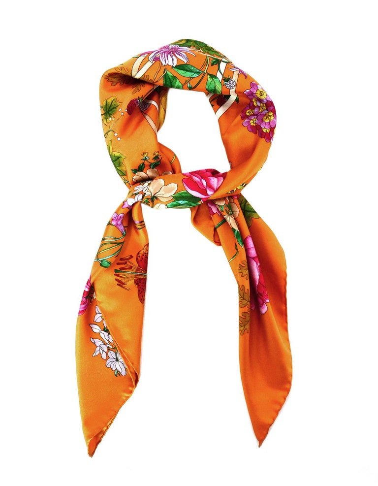 Gucci Silk Orange Mixed Floral Pattern Scarf 34" For Sale at 1stDibs