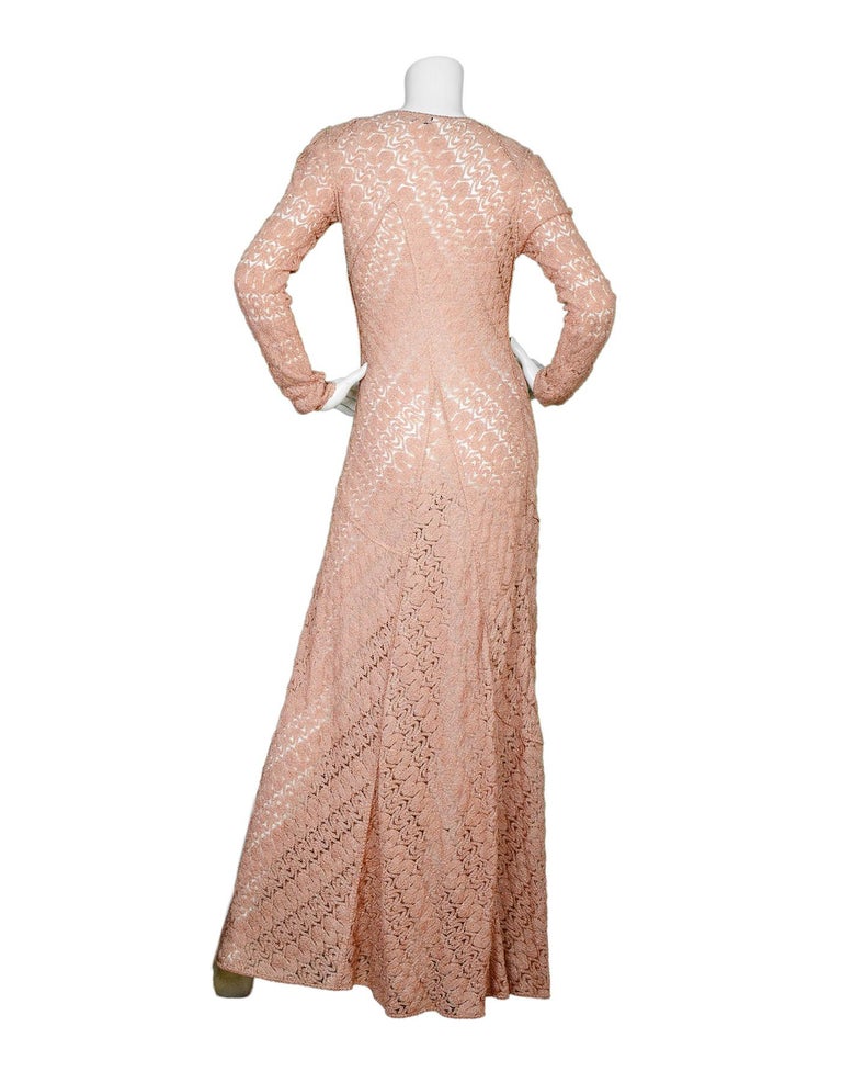 Missoni Pink Rose Gold Sparkle Knit Lace Long Sleeved Maxi Dress For ...