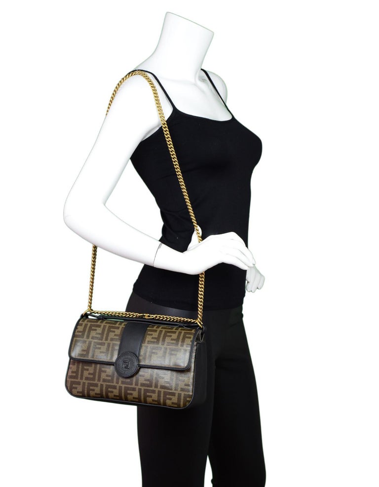 Fendi 2018 Black/Brown Leather/Canvas Monogram Double Flap Crossbody ...