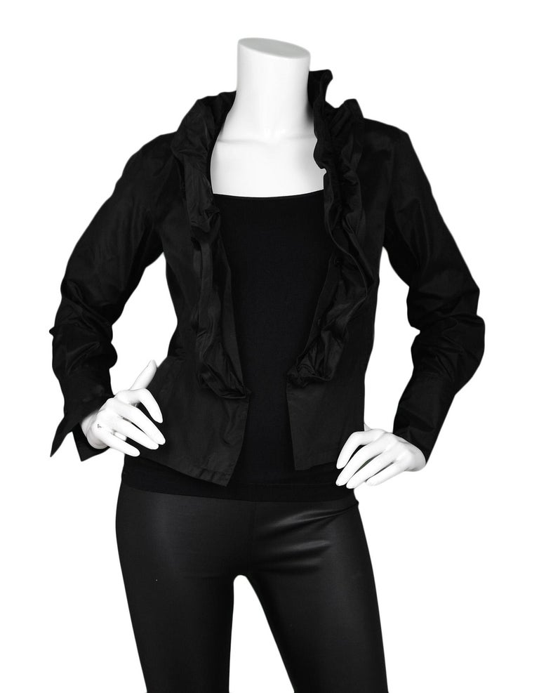 Donna Karan Black Ruffle Front Silk Jacket Sz 2 For Sale at 1stDibs