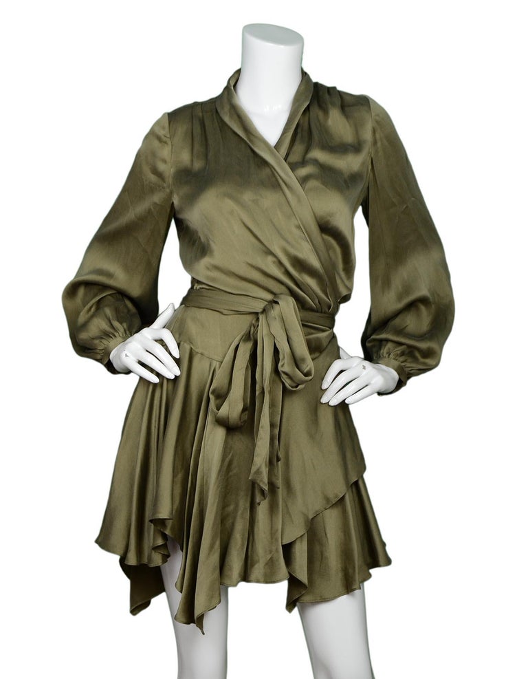 Zimmermann Olive Silk Long Sleeve Sueded Silk Wrap Robe Dress NWT Sz 0 ...