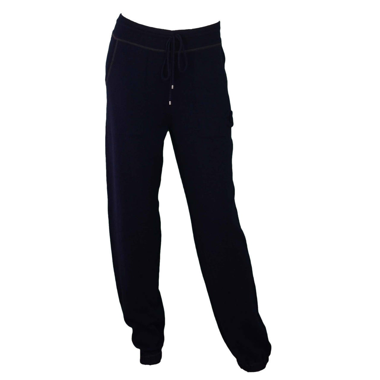 CHANEL Navy Cashmere Drawstring Jogger Pants sz 38 at 1stDibs