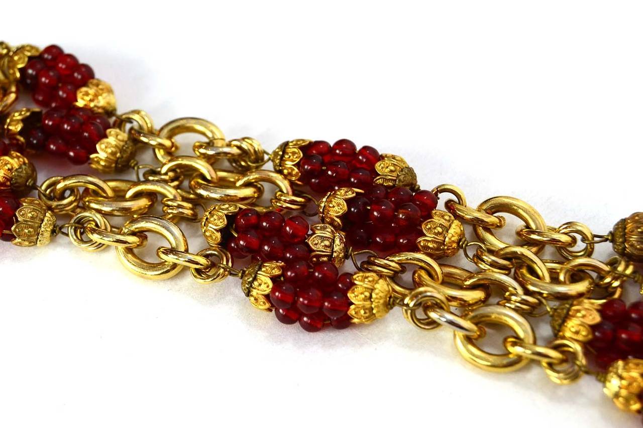 CHANEL Vintage Red Bead and Gold Chain Link Necklace For Sale at 1stdibs