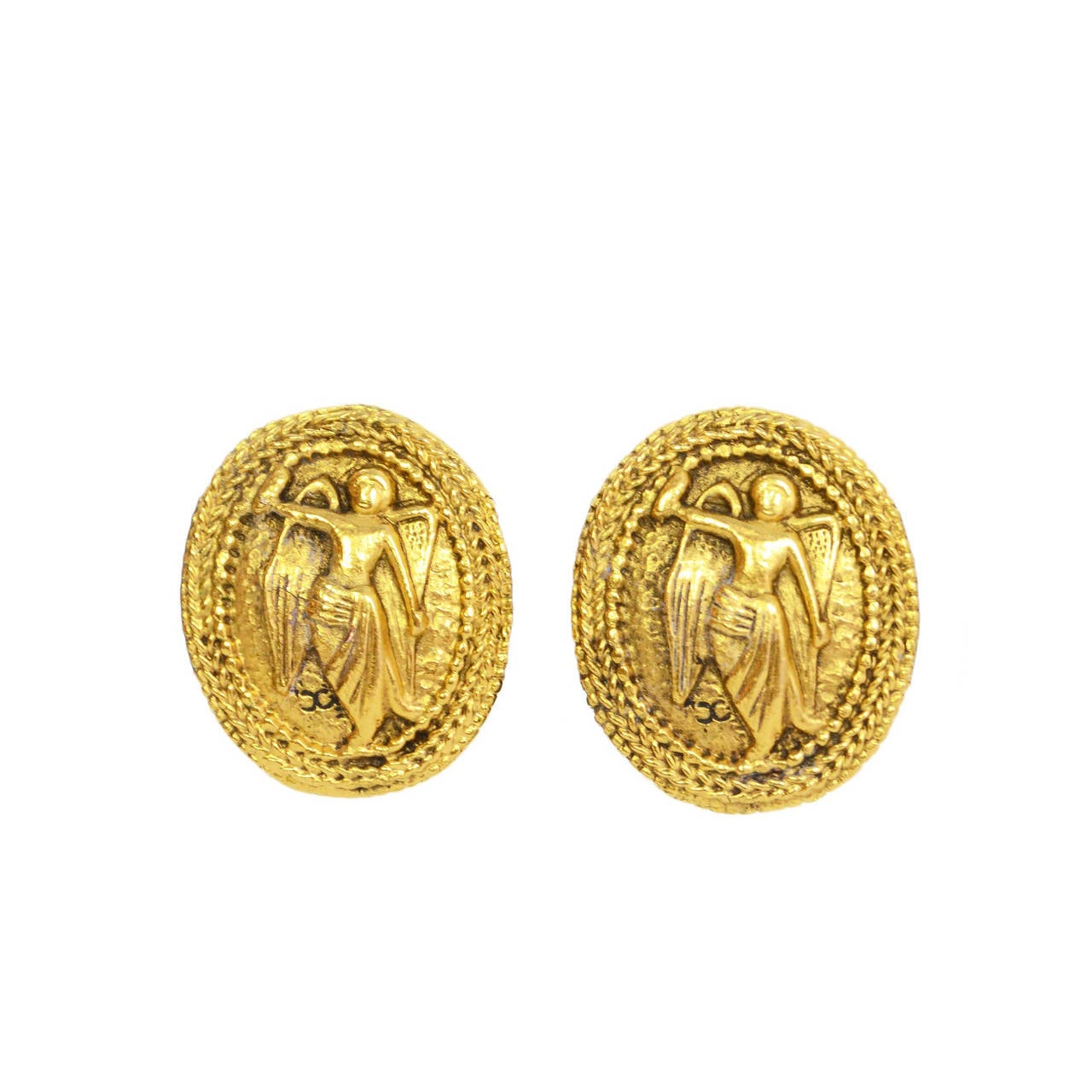 CHANEL Vintage '90s Gold Angel Medallion Clip On Earrings For Sale at ...