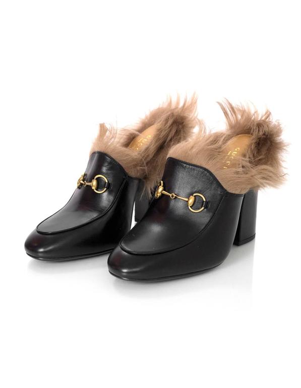 Gucci LIKE NEW 2016/17 Black Leather Princetown High Heel Mules w/ Fur ...