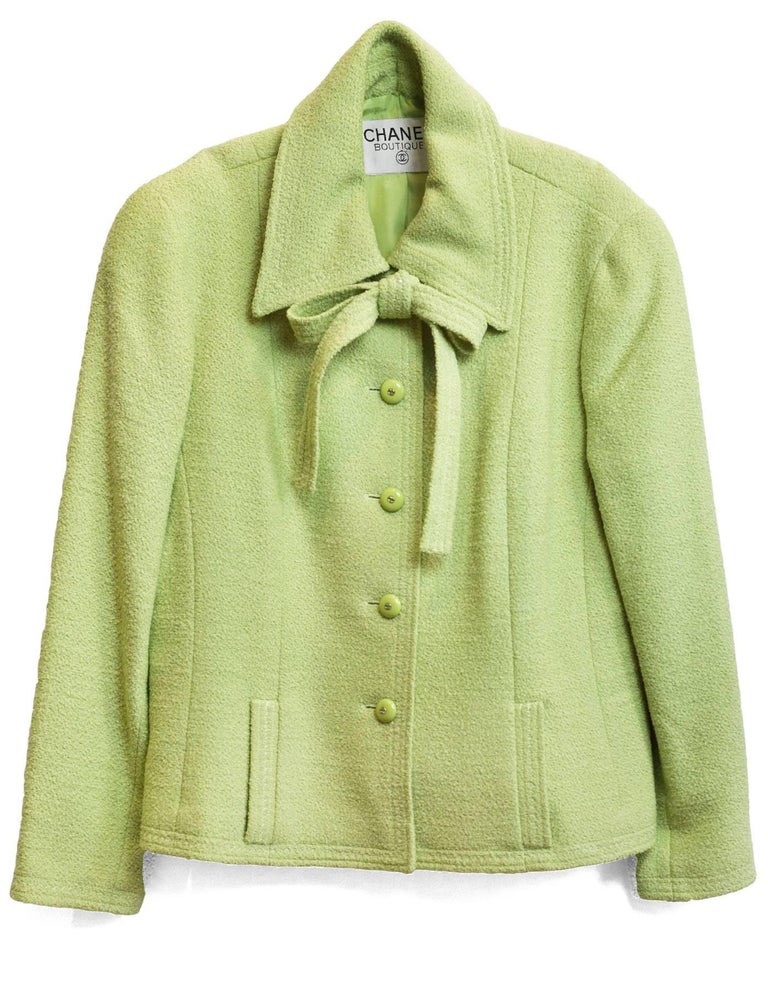 Chanel Chartreuse Boucle Button-Up Jacket w/ Neck Tie For Sale at 1stDibs
