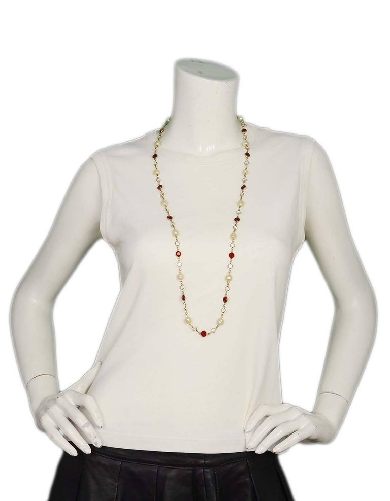 Chanel Vintage 1981 Red Strass Crystal and Faux Pearl 36" Sautoir ...
