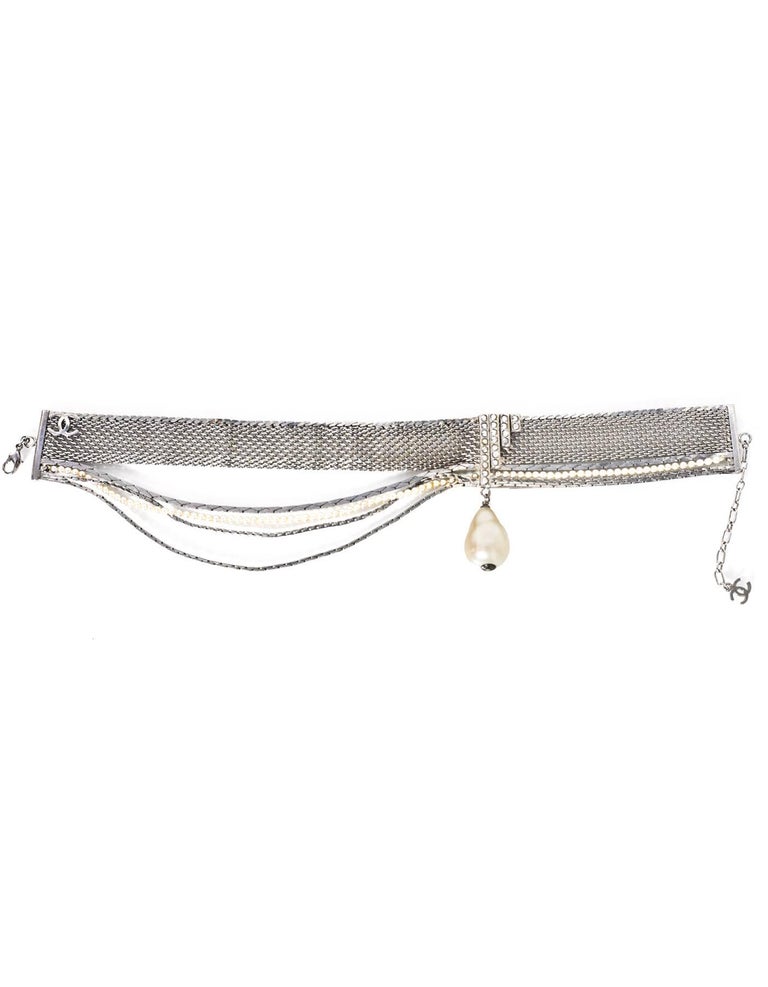 Chanel '90s Silvertone Mesh Choker Necklace w. Pearl Drop For Sale at ...