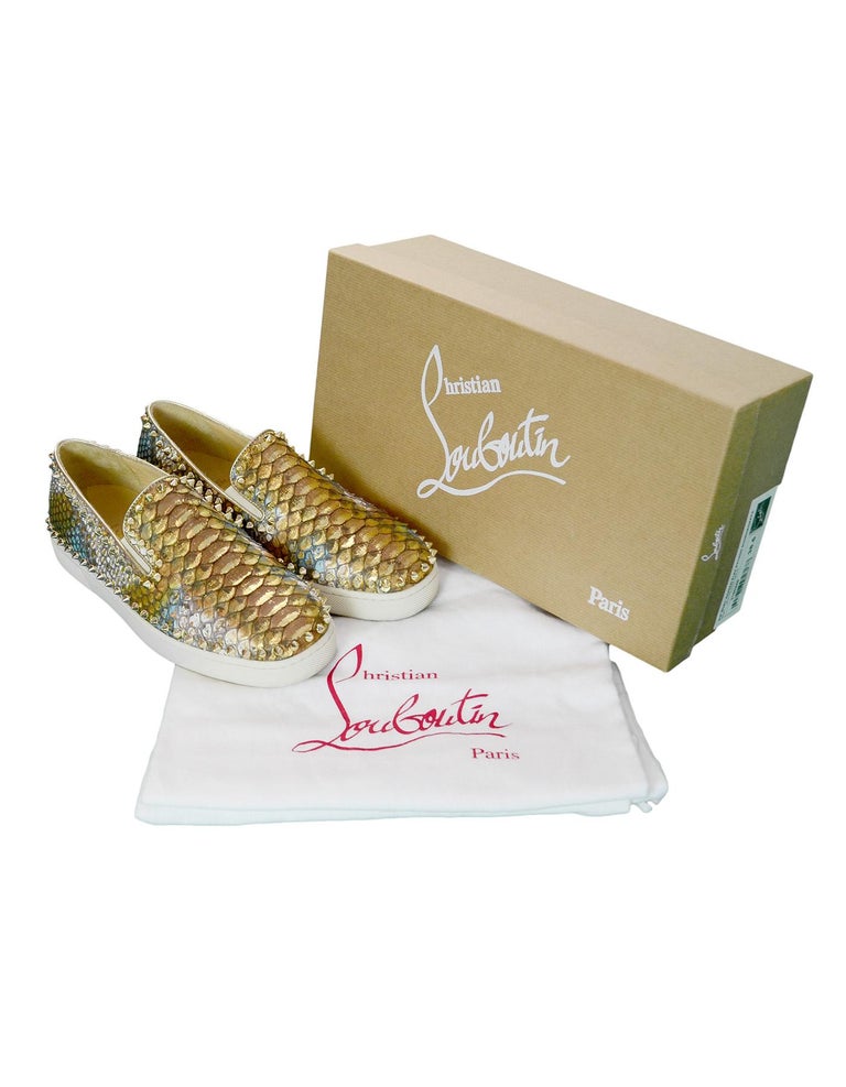 Christian Louboutin Metallic Python Studded Pik Boat Slip-On Sneakers ...