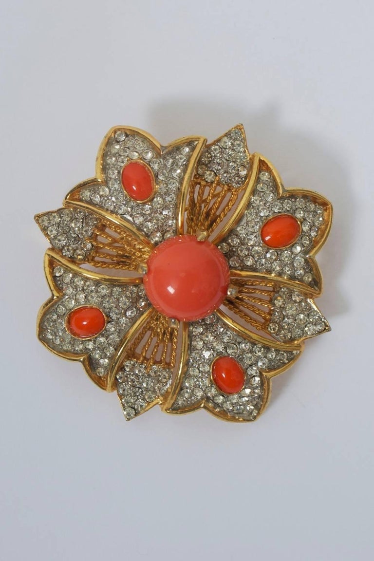KJL Rhinestone and Coral Brooch at 1stDibs | kjl brooch