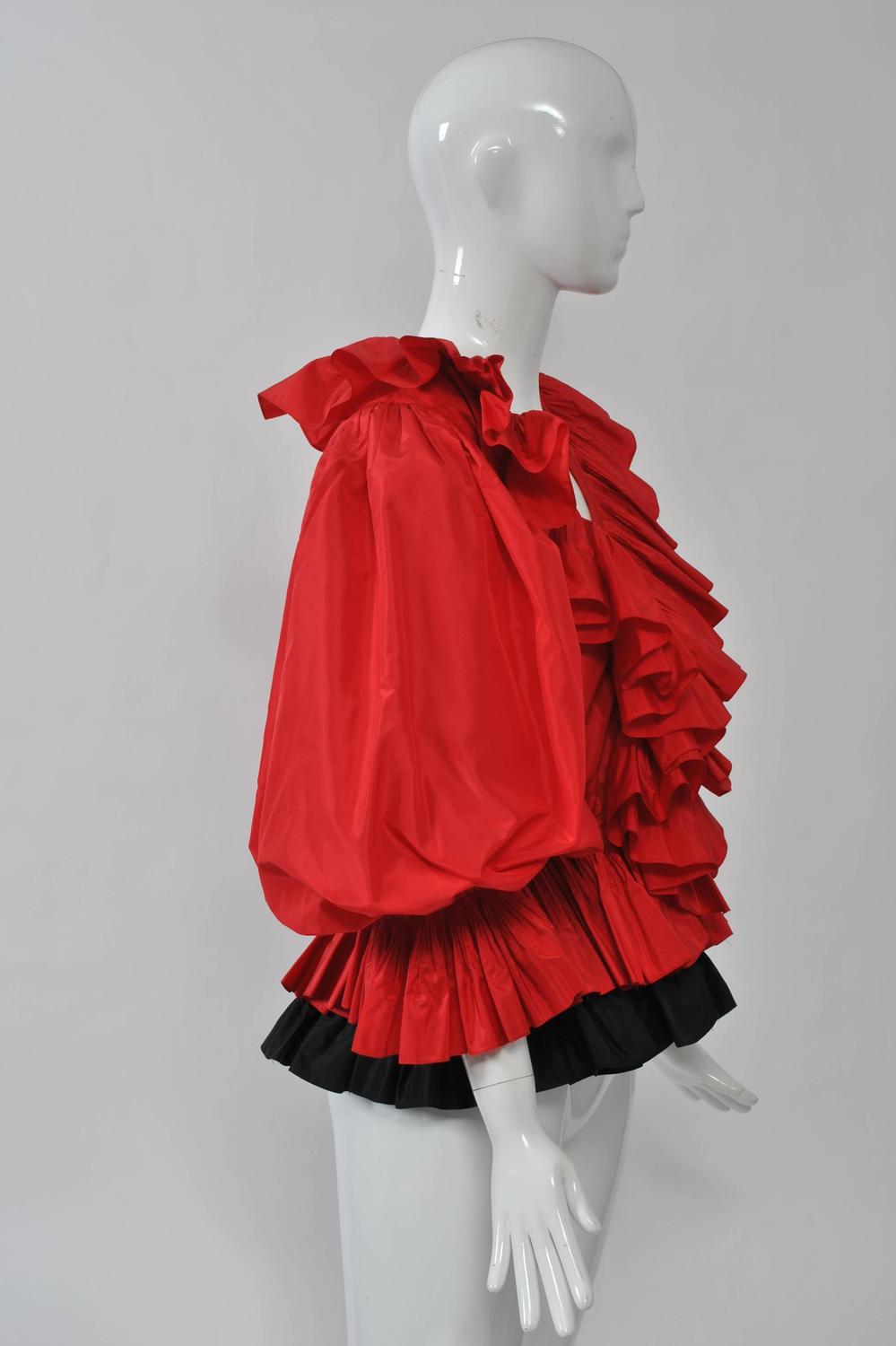 Red and Black Silk Ruffle Top For Sale at 1stdibs