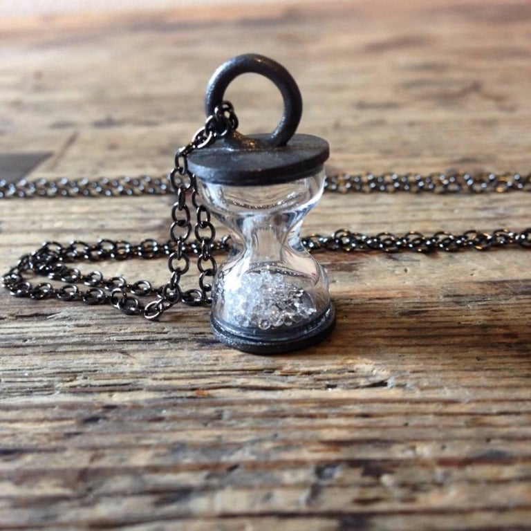 Black Silver Floating Crystals Hand-Blown Hourglass Long Necklace at ...