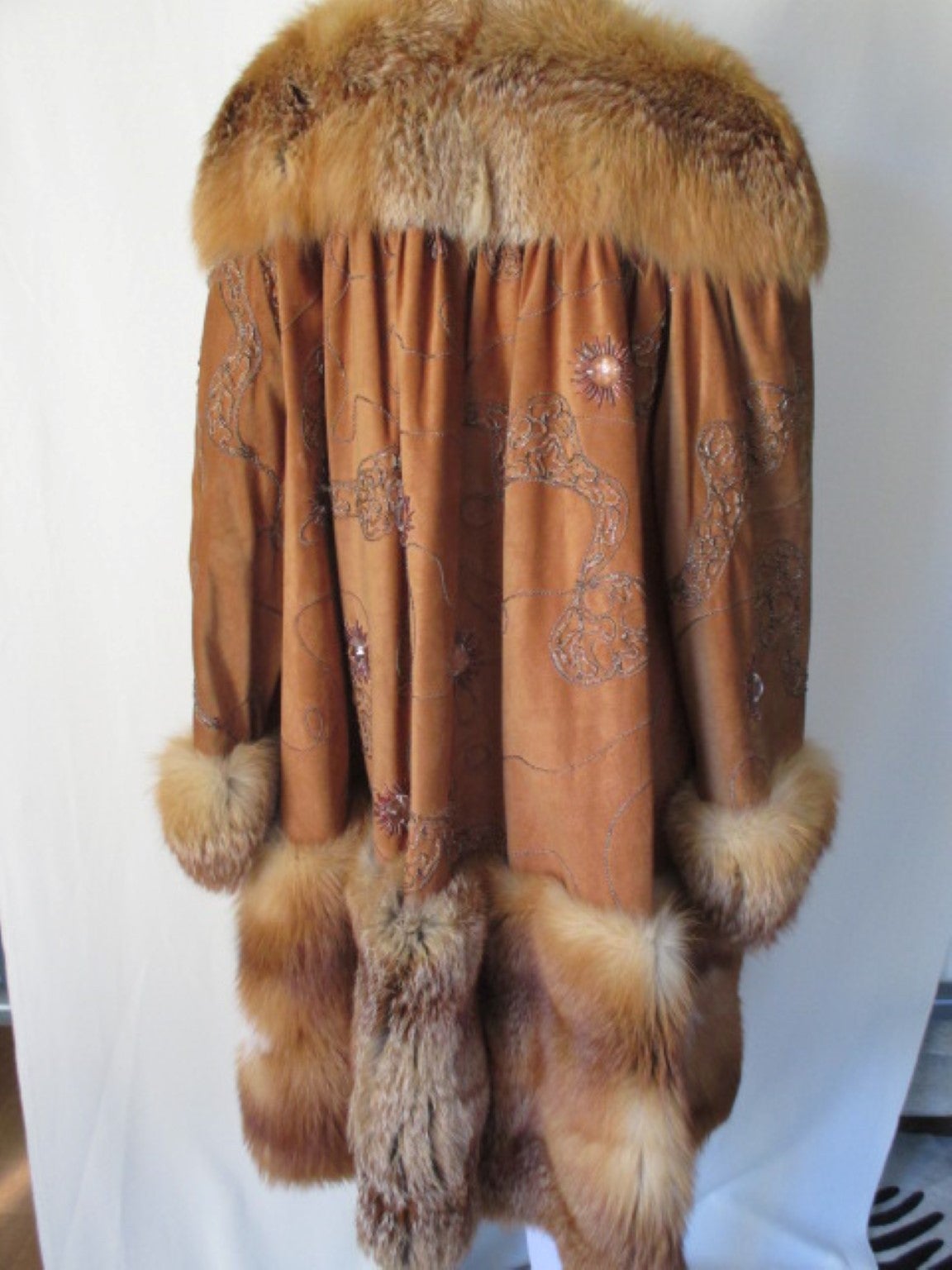 Embroidered Suede Coat with Red Fox Fur For Sale at 1stDibs
