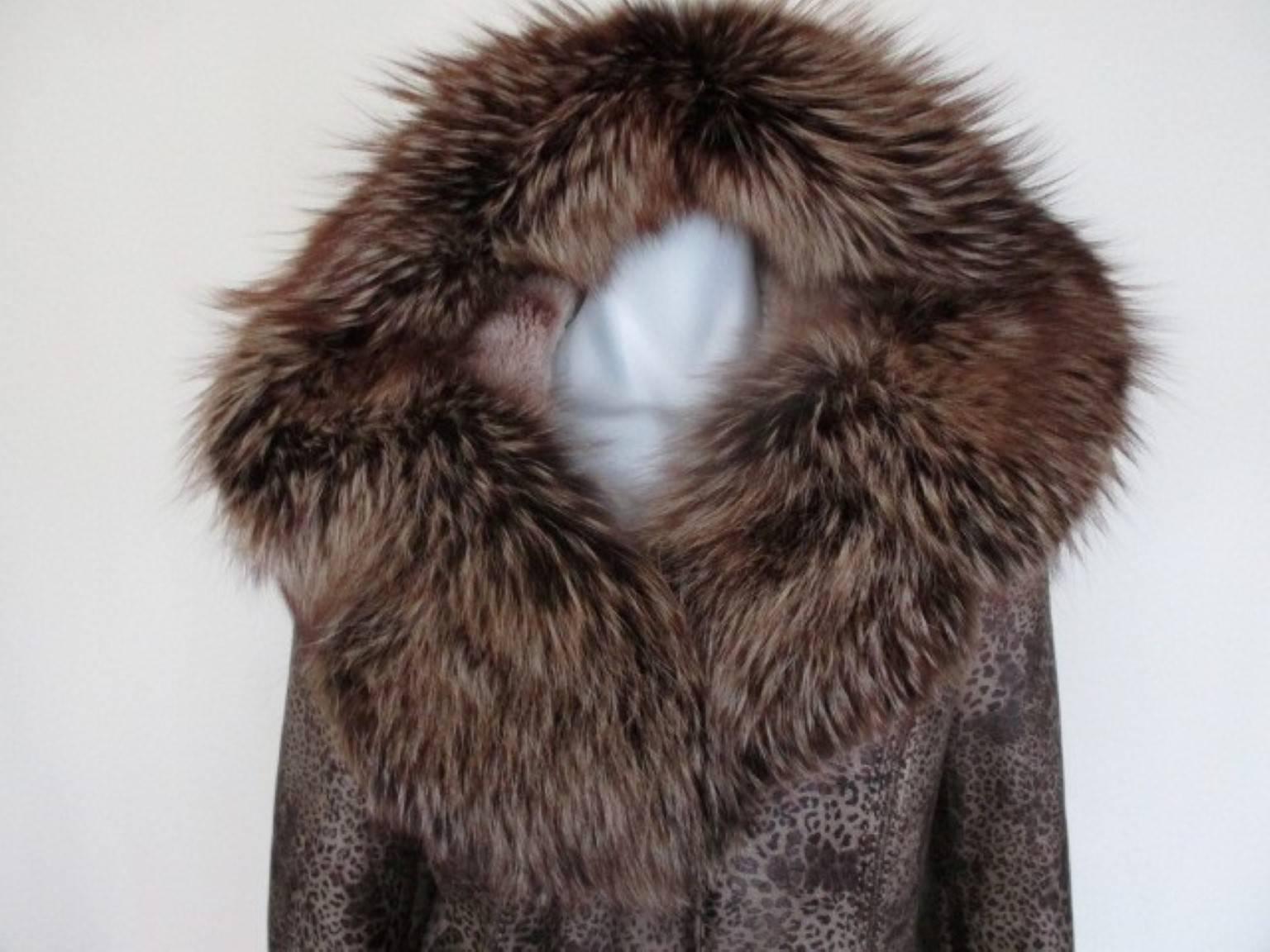 Metallic Leopard Print Shearling Coat with Fox Fur Hood at 1stDibs