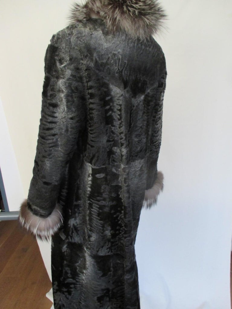 Reversible light weight Broadtail Lamb long fur coat with silver fox ...