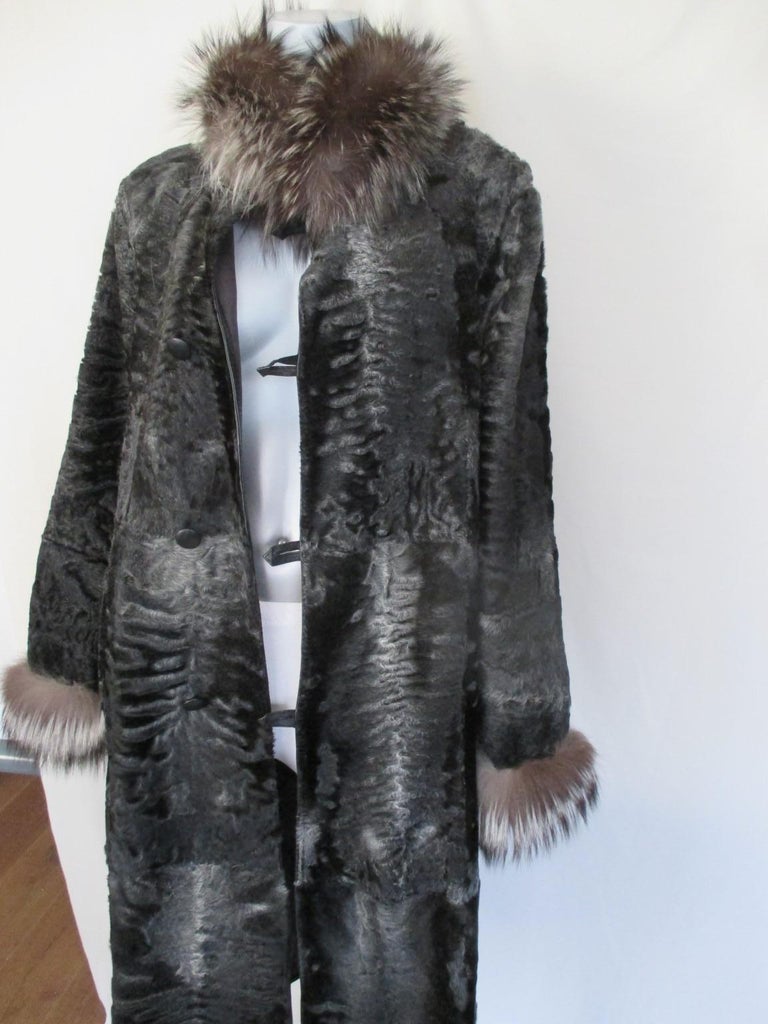Reversible light weight Broadtail Lamb long fur coat with silver fox ...