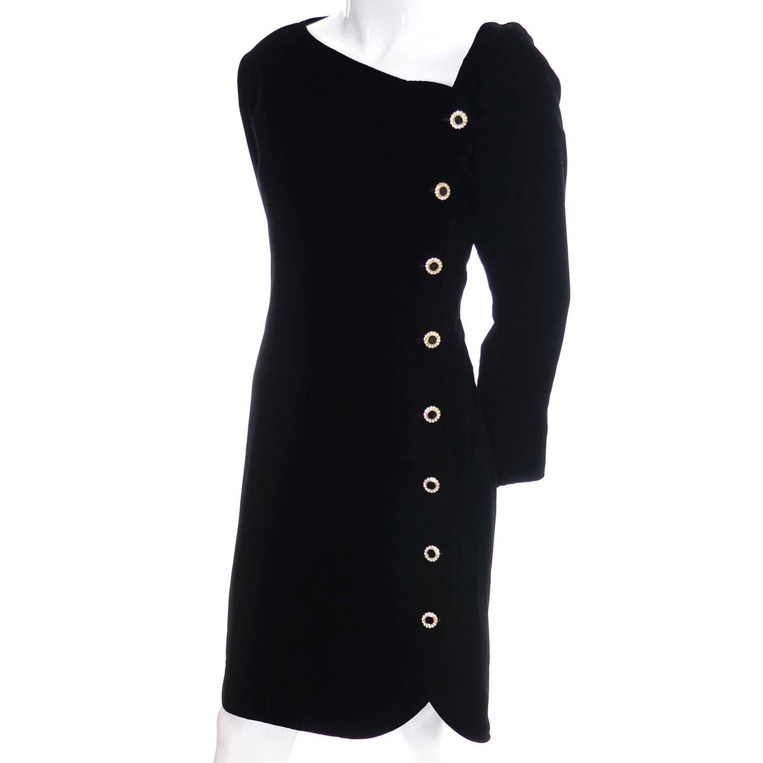 YSL Vintage Dress Black Velvet Rhinestone Buttons Yves Saint Laurent ...
