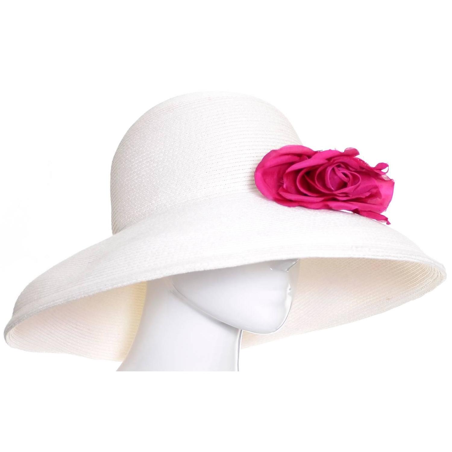 1990s Vintage Eric Javits Hat White Wide Brim Woven Straw Pink Flowers ...
