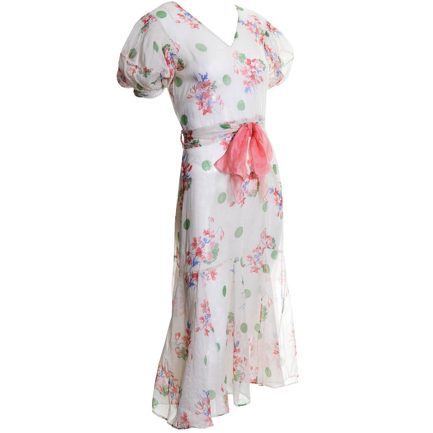 1930s Vintage Dress Bias Cut Floral Organdy Day Dress Bridesmaid For ...
