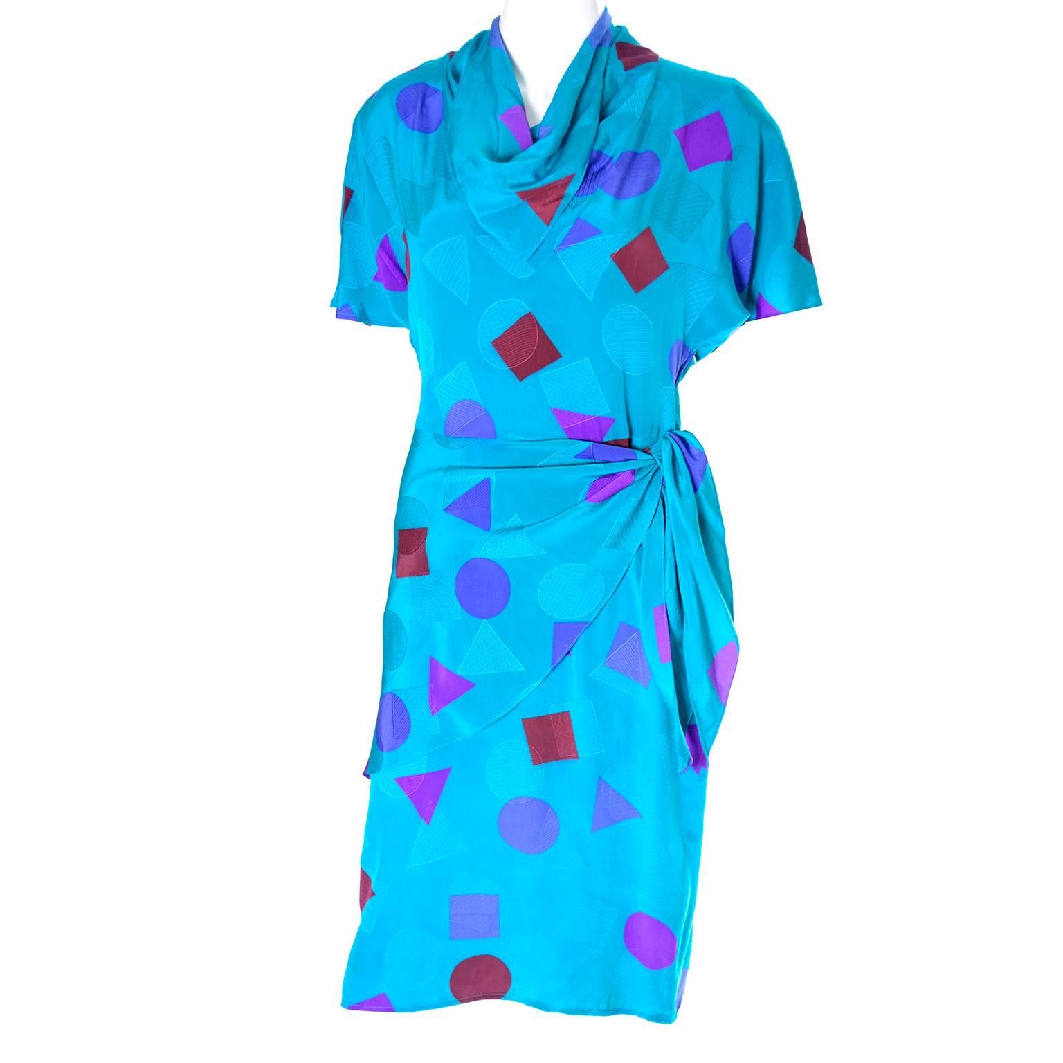 Flora Kung Abstract Teal Blue Silk Vintage Dress 1980s Size 6 For Sale ...