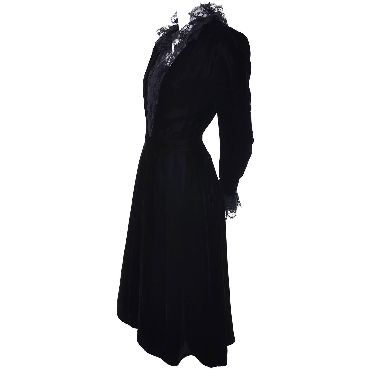 Albert Nipon Vintage Black Velvet Lace Dress 1970s Victorian