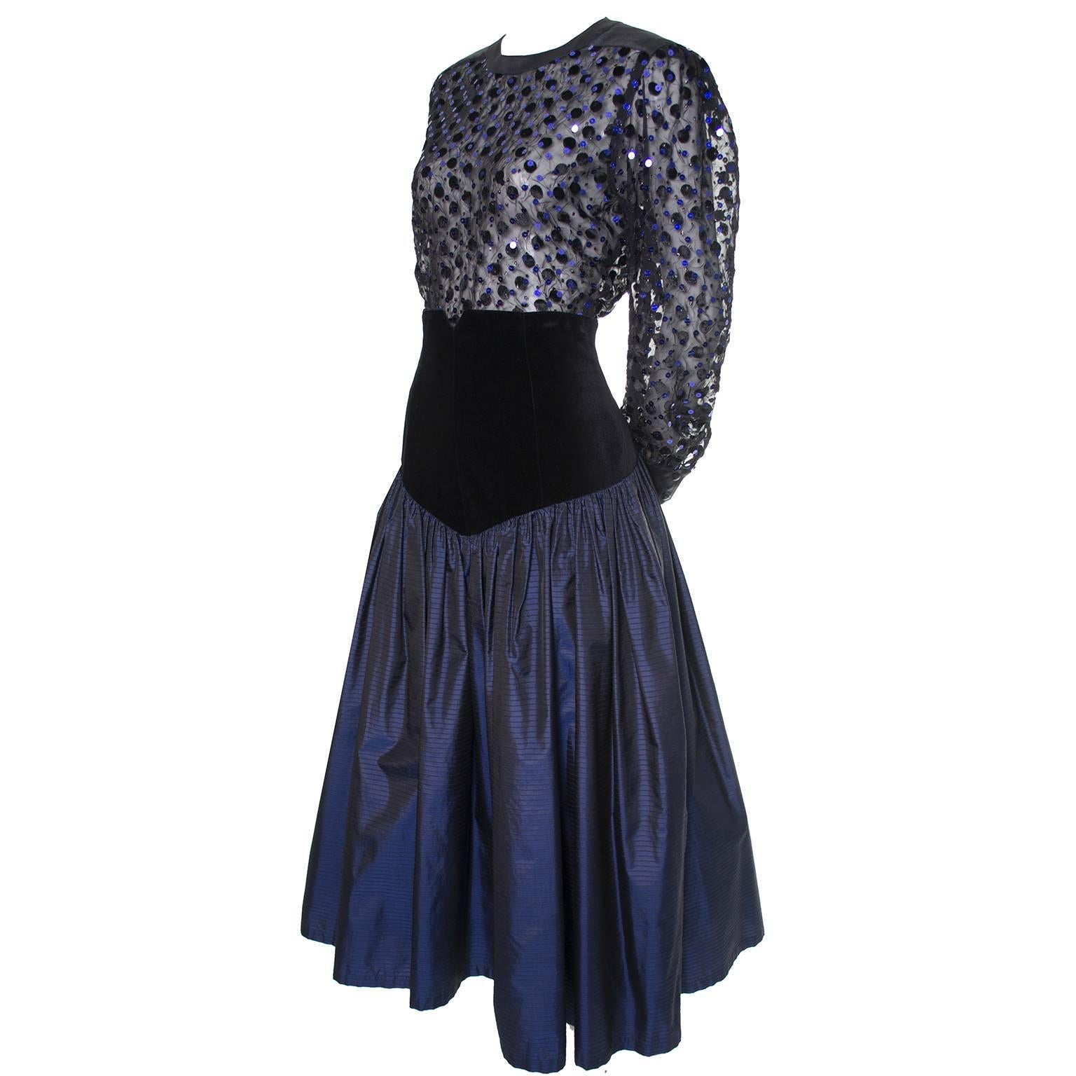 1980s Escada Vintage Blue and Black Velvet Satin 2 pc Evening Dress w ...