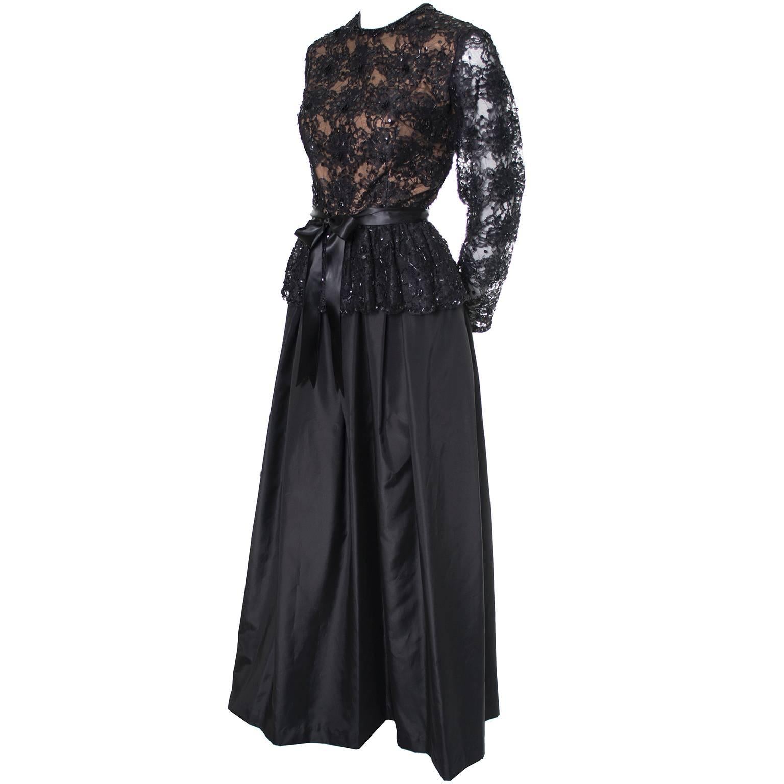 Jack Bryan Vintage Dress Black Lace Satin Evening Gown Beaded Sequins 6 ...